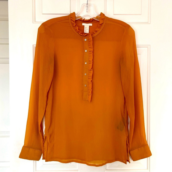 H&M | Tops | Hm Orange Sheer Long Sleeve Button Down Ruffle Blouse 2 | Poshmark